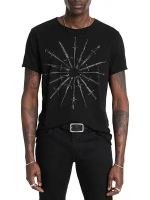 John Varvatos Cotton Raw Edge Daggers Circle Graphic Tee - Black