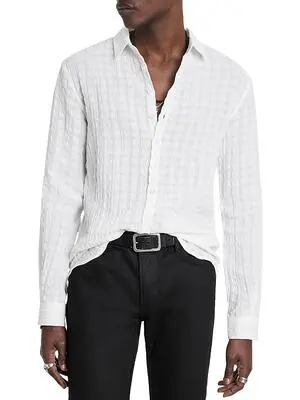 John Varvatos Linen & Cotton Textured Check Slim Fit Button Down Shirt - White
