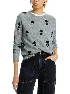 Aqua 100% Cashmere Skull Print Crewneck Sweater - Light Grey/black