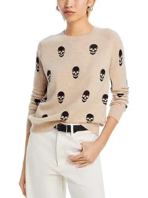 Aqua 100% Cashmere Skull Print Crewneck Sweater - Sand