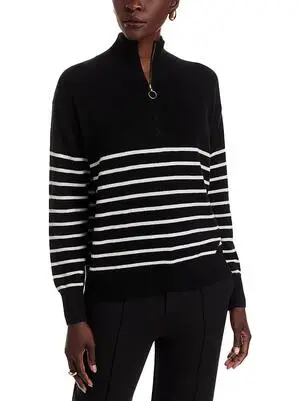 Bloomingdale'S 100% Cashmere Striped Quarter Zip Sweater - Black/ivory