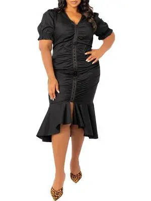 BUXOM COUTURE Ruched Fishtail Midi Dress - Black