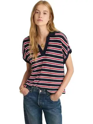 Madewell Striped Relaxed V-neck Polo Shirt - Blanket Jqd Midnight Navy