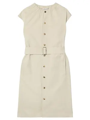 Burberry Belted Gathered Cotton-blend Gabardine Midi Dress - Neutrals