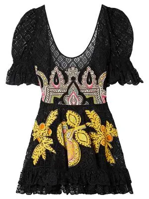 Etro Ruffled Appliquéd Lace And Crepe De Chine Mini Dress - Black