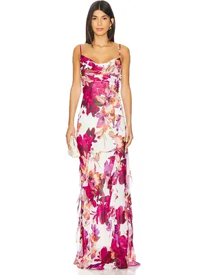 NICHOLAS Kamila Ruffle Cowl Maxi Dress Ria Floral Print Ivory