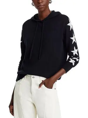 Aqua Cashmere Star Sleeve Hoodie Sweater - Black Ivory