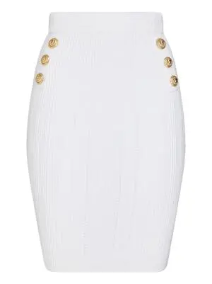 Balmain Button-Embellished Ribbed-Knit Mini Skirt White