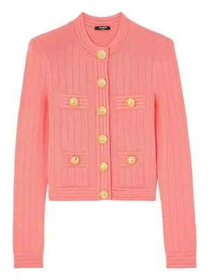 Balmain Button-embellished Pointelle-knit Cardigan - Coral