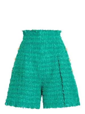 Balmain Frayed Cotton-Blend Tweed Shorts Jade