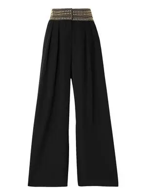 Balmain Studded Grain De Poudre Wool Wide-leg Pants - Black