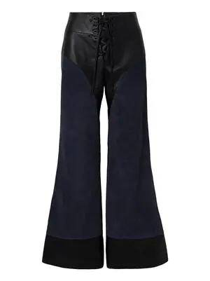 Chloé Lace-up Paneled Leather And Suede Flared Pants - Blue