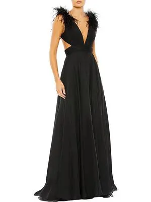 Mac Duggal Ieena Feather Cut Out Long Dress - Black