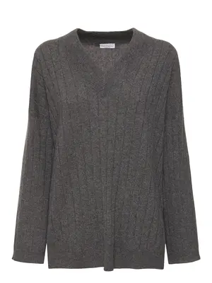 Brunello Cucinelli-BRUNELLO CUCINELLI V-neck Ribbed Cashmere Sweater