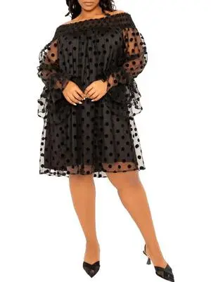 BUXOM COUTURE Flock Dot Off-the-shoulder Dress - Black