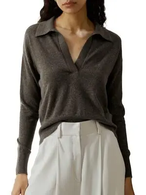 Lilysilk V-neck Cashmere Polo Sweater - Brown