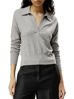 Lilysilk V-neck Cashmere Polo Sweater - Light Gray