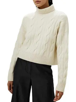 Lilysilk Cable Knit Cashmere Turtleneck Sweater - White