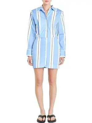 GREY LAB Stripe Power Shoulder Shirt Dress - Powder Blue/ White