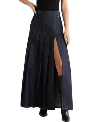 Topshop Pleated Denim Maxi Skirt - Indigo