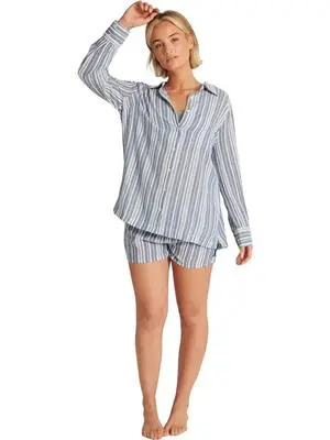 NUDEA The Relaxed Button Up Midi Shirt - Navy Blue Stripe