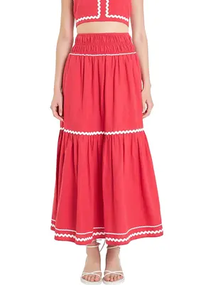 English Factory Rickrack Linen Blend Maxi Skirt - Red