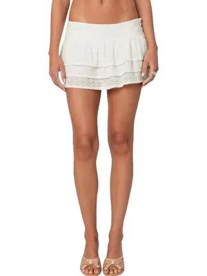 EDIKTED Fleur Low Rise Tiered Eyelet Miniskort - White
