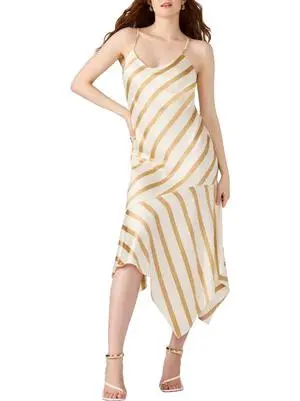 Steve Madden Lucille Stripe Asymmetric Hem Satin Midi Dress - White Multi Stripe