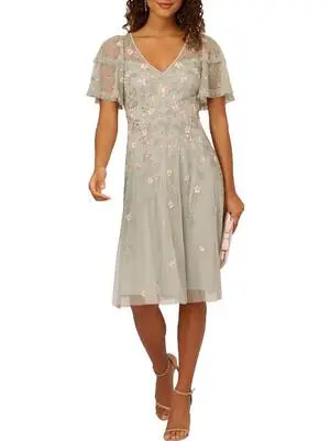 Adrianna Papell Bead-embellished Cocktail A-line Dress - Frosted Sage