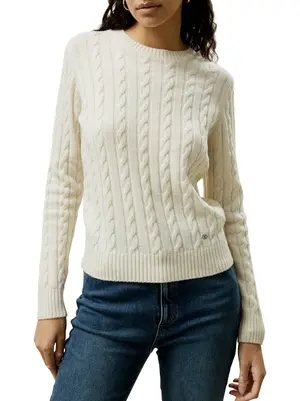 Lilysilk Cable Knit Crewneck Sweater - White
