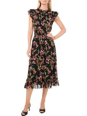 CECE DUPRAZ Floral Flutter Sleeve Midi Dress - Rich Black