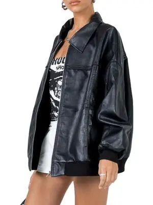 Princess Polly Goldsmith Faux Leather Oversized Bomber Jacket - Black