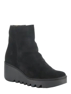 Fly London Baan Platform Wedge Bootie - 004 Black Oil Suede