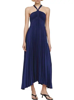 Mango Pleated Sleeveless Maxi Dress - Dark Blue