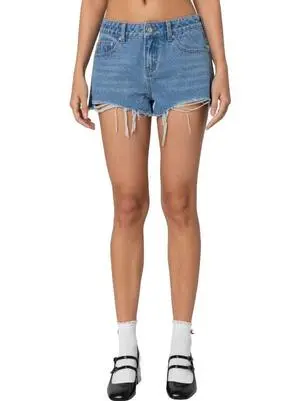 EDIKTED Fern Cutoff Denim Shorts - Blue
