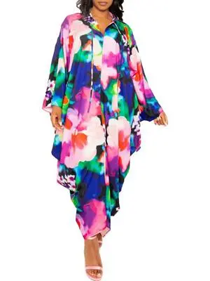 BUXOM COUTURE Abstract Print Long Sleeve Caftan - Pink Multi