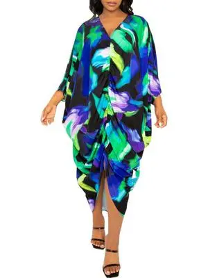 BUXOM COUTURE Abstract Floral Center Ruched Dress Blue Multi