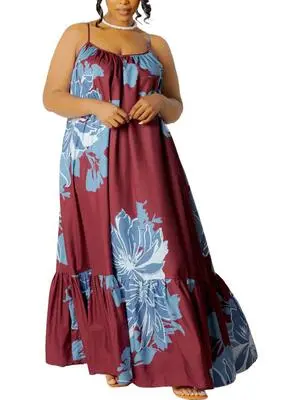 BUXOM COUTURE Floral Print Voluminous Maxi Dress - Brown Multi