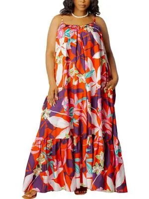 BUXOM COUTURE Floral Print Voluminous Maxi Dress - Red Multi