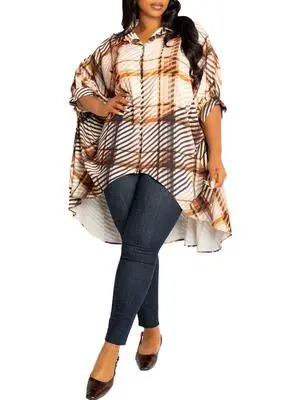 BUXOM COUTURE Mixed Geo Print High-low Shirt - Brown Multi