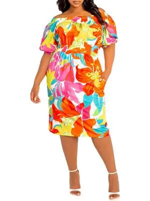 BUXOM COUTURE Floral Print Off-the-shoulder Dress With Bow Detail - White Multi