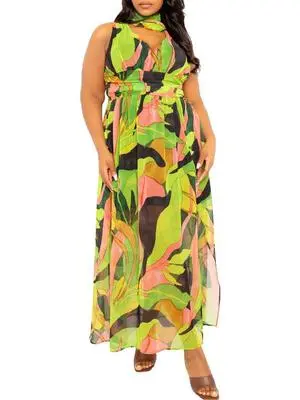 BUXOM COUTURE Abstract Print Maxi Dress - Green Multi