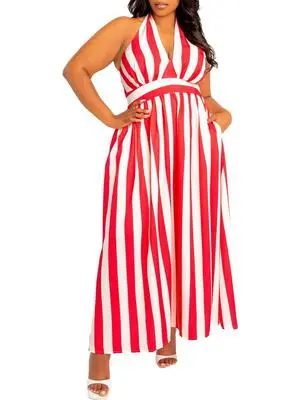 BUXOM COUTURE Stripe Halter Maxi Dress - Red Stripe