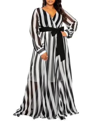 BUXOM COUTURE Stripe Semisheer Maxi Dress - Black White