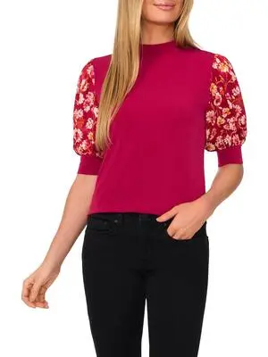 CECE DUPRAZ Floral Puff Sleeve Mock Neck Top - Deep Sangria