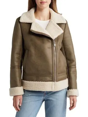 Sam Edelman Faux Leather & Faux Shearling Moto Jacket - Ivory/sage