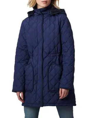 Bernardo Diamond Quilted Puffer Coat With Hood - Navy