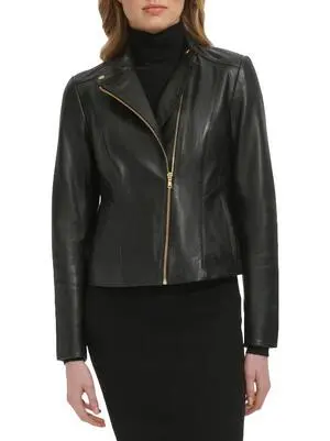 Cole Haan Band Collar Leather Moto Jacket - Black