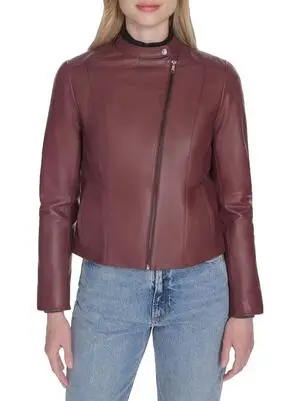 Cole Haan Band Collar Leather Moto Jacket - Burgundy