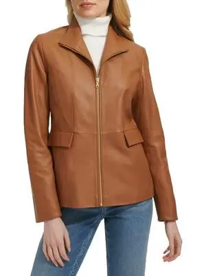 Cole Haan Wing Collar Leather Jacket - Hazelnut